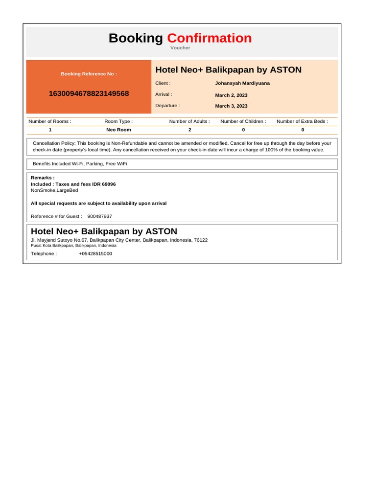 Hotel Neo+ Balikpapan Booking Confirmation | PDF