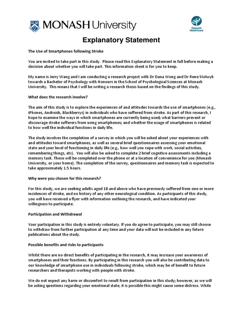 Monash Uni Study Explanatory Statement | PDF | Information | Stroke