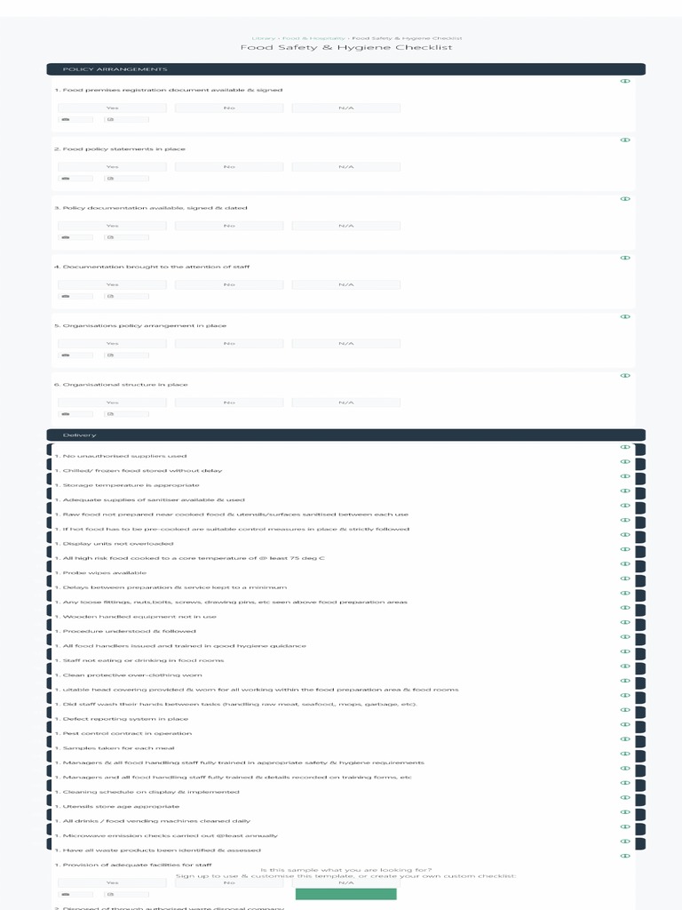GoAudits - Food Safety Hygiene Checklist (Sample) PDF | PDF