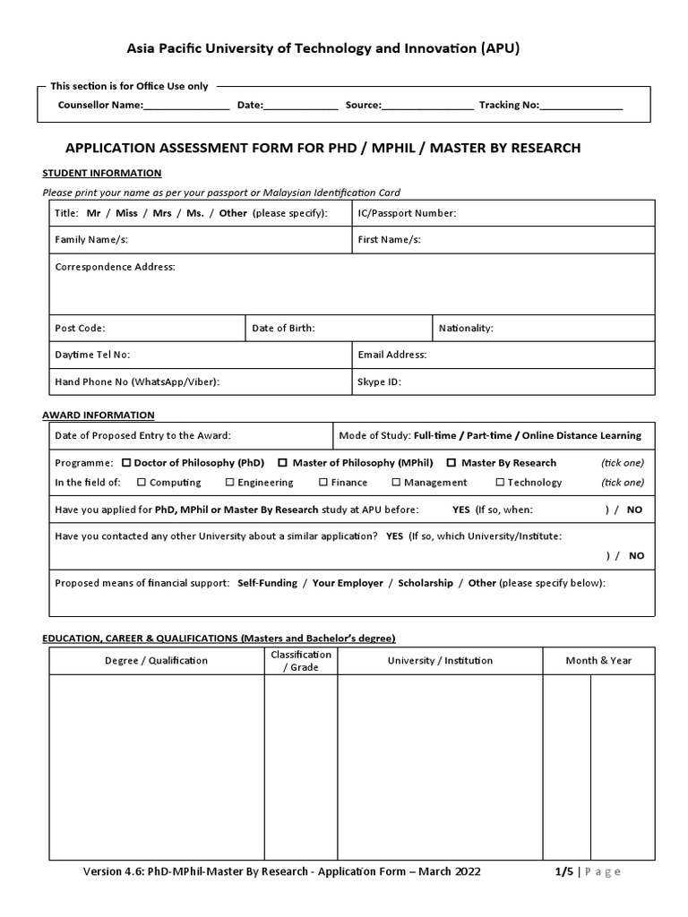 APU PhD/MPhil/Master Application Form | PDF | Doctor Of Philosophy ...