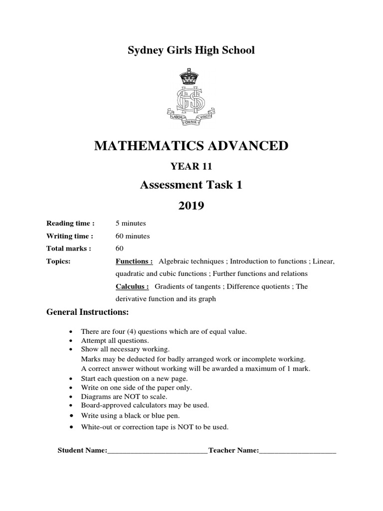 Year 11 Advanced Maths Assessment 2019 | PDF | Function (Mathematics ...