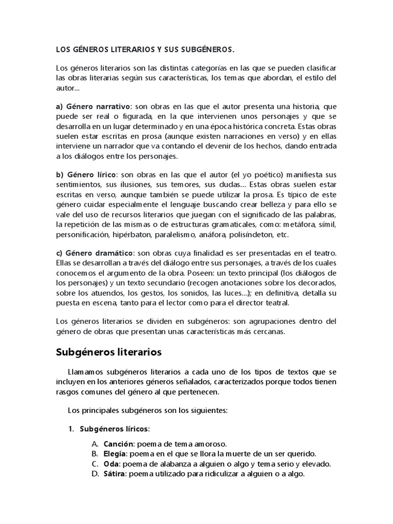 TeorÃ - A Sobre LOS GÃ - NEROS LITERARIOS Y SUS SUBGÃ - NEROS | PDF | Poesía | Narración