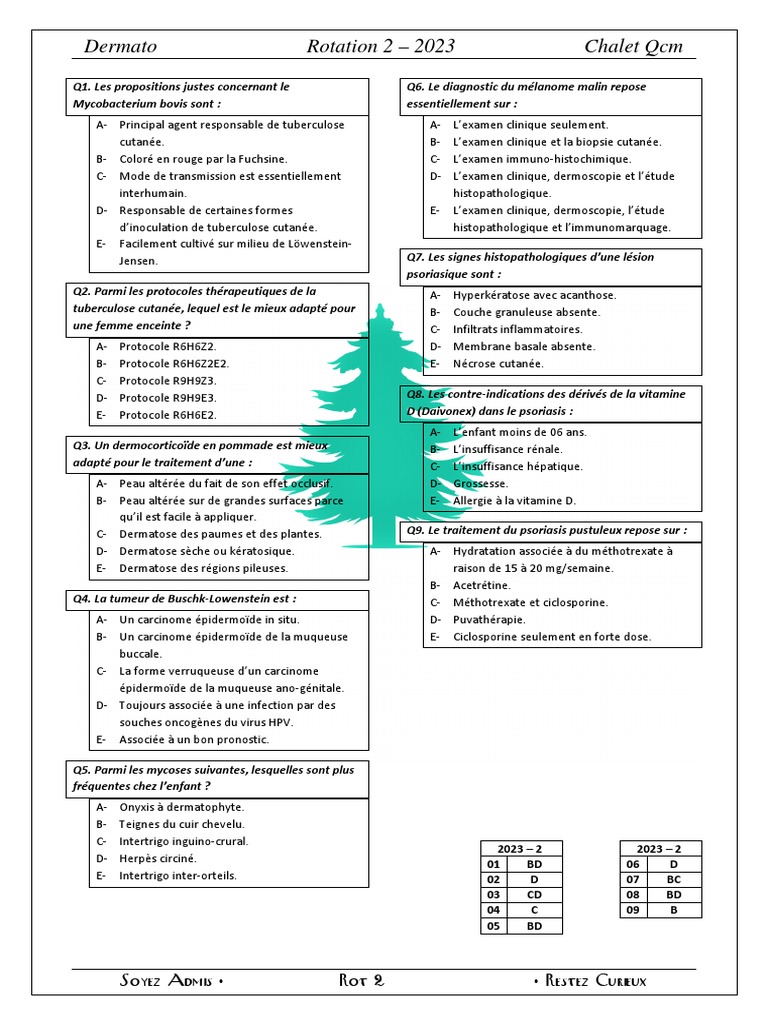 Dermato - Chalet QCM - 2023 - Rot 2 - Faculté de Médecine de Constantine | PDF | Tuberculose ...