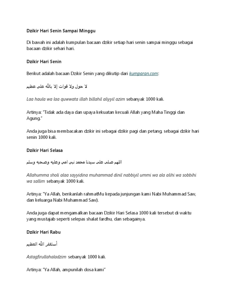 Dzikir Hari Senin Sampai Minggu | PDF