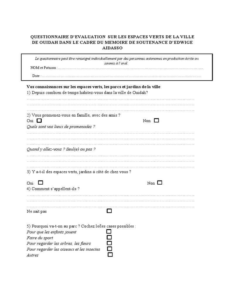 Questionnaire sur les espaces verts à Ouidah | PDF | Parcs