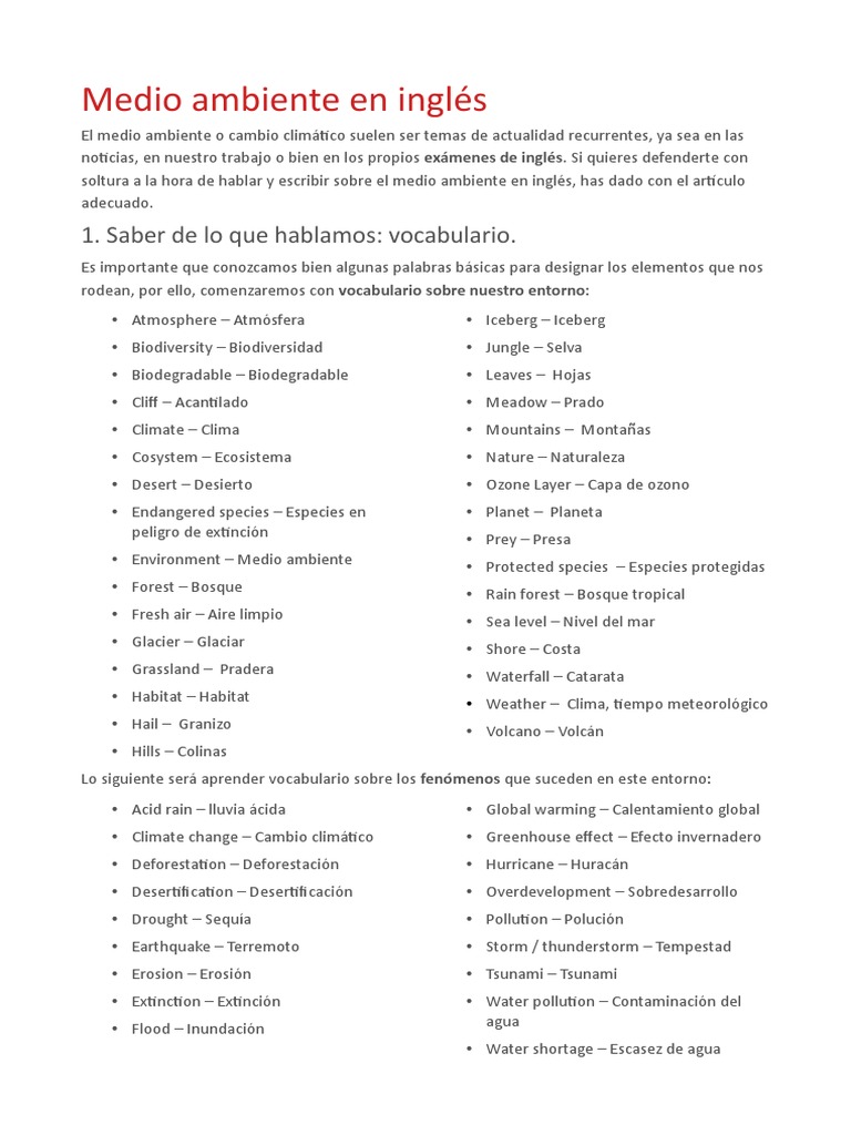 Vocabulario Inglés Medio Ambiente | PDF | Entorno natural | Contaminación