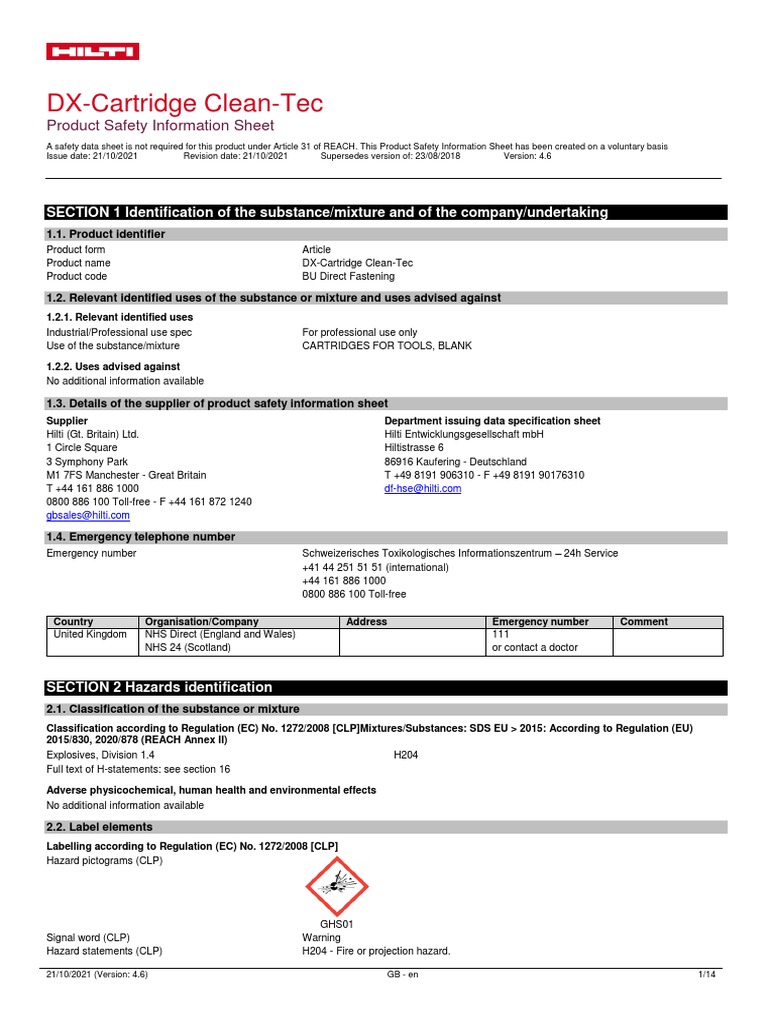 Material Safety Datasheet DX CARTRIDGES CLEAN TEC EN Material Safety Datasheet IBD WWI ...