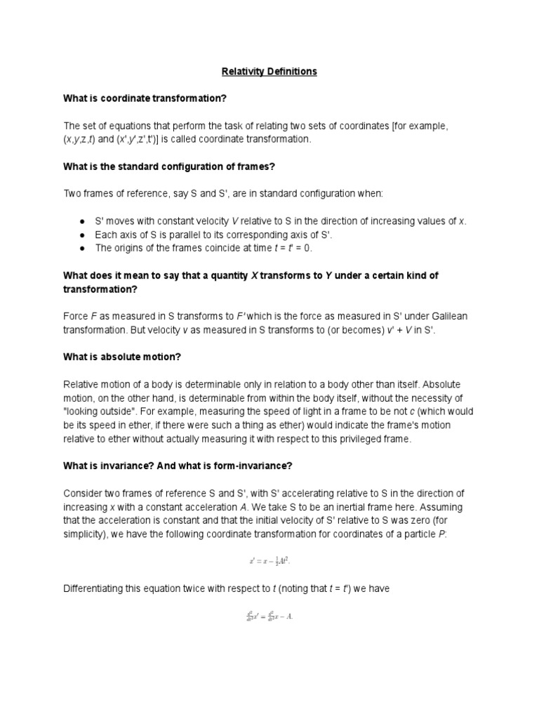 Relativity Definitions | PDF | Special Relativity | Acceleration