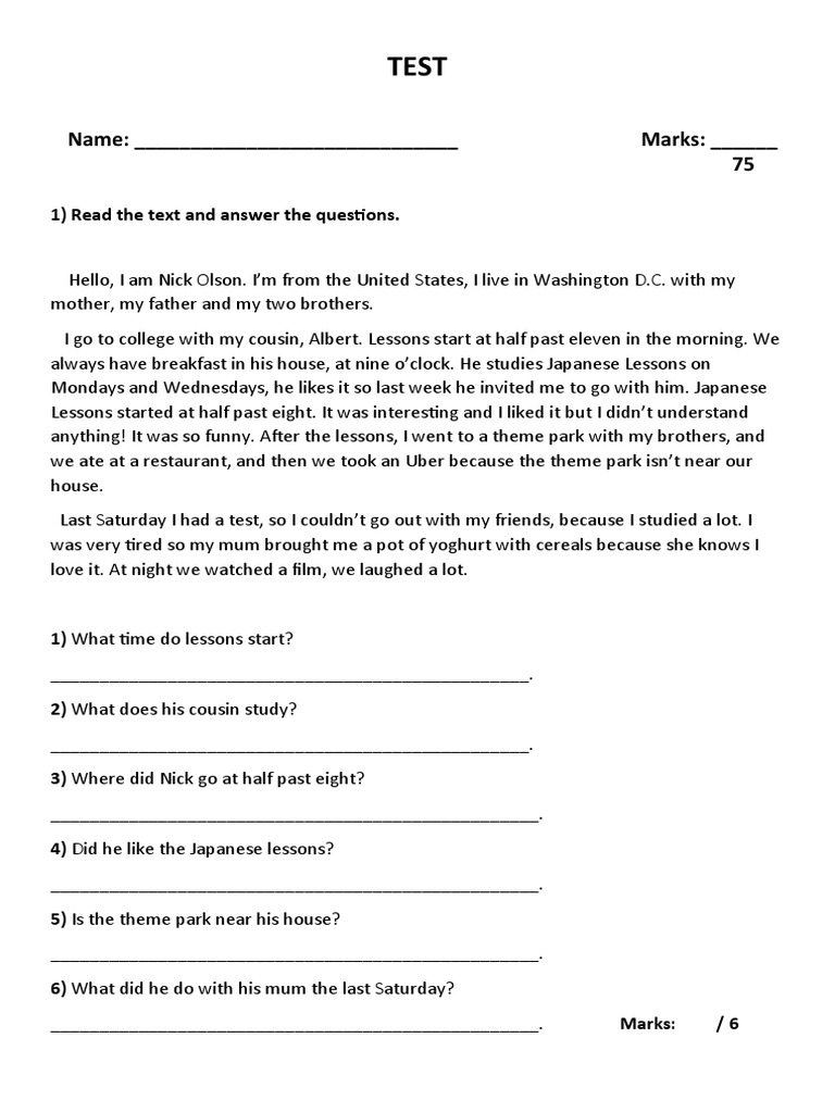 Test Reading Writing Past Simple and Present Reading Comprehension | PDF
