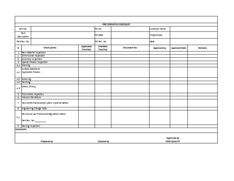 Pre Dispatch Checklist Format | PDF