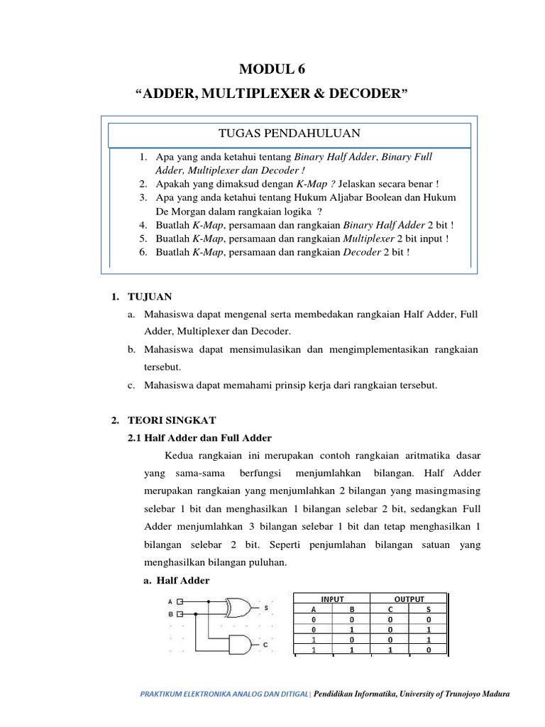 MODUL 6 (Adder, Multiplexer & Decoder) | PDF