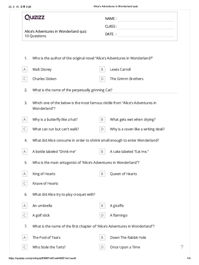 Alice's Adventures Quiz and Answers | PDF | Alice's Adventures In ...
