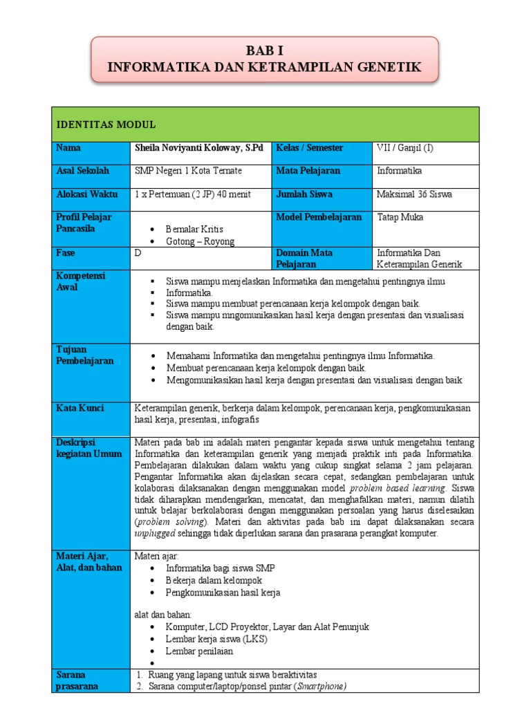 Modul Ajar - Bab 1 Informatika Dan Generik SKill | PDF