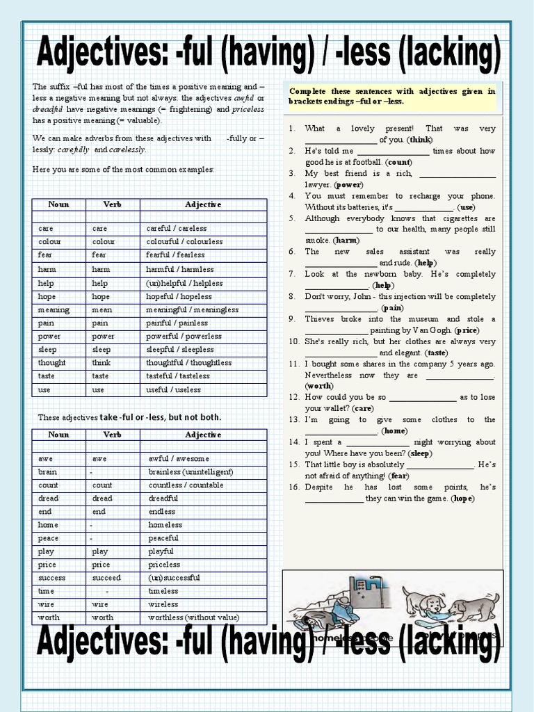 Adjectives Ending in Ful or Less Grammar Drills - 95312 | PDF ...