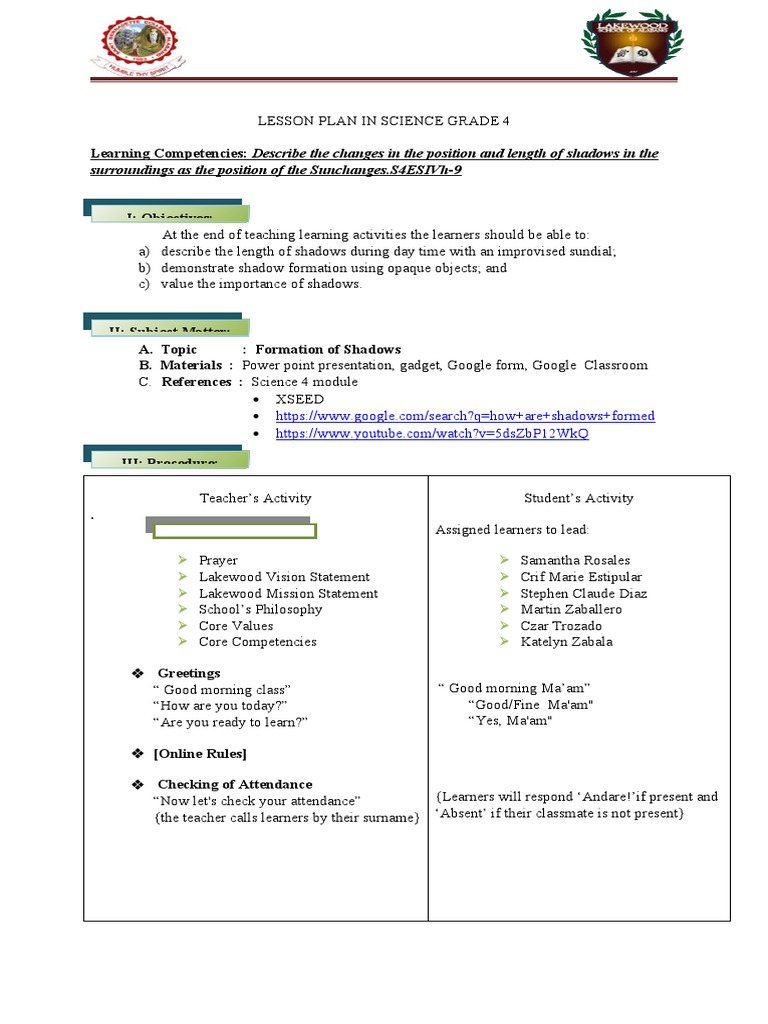 SCIENCE 4 Formation of Shadow FINAL DEMONSTRATION | PDF | Shadow | Learning