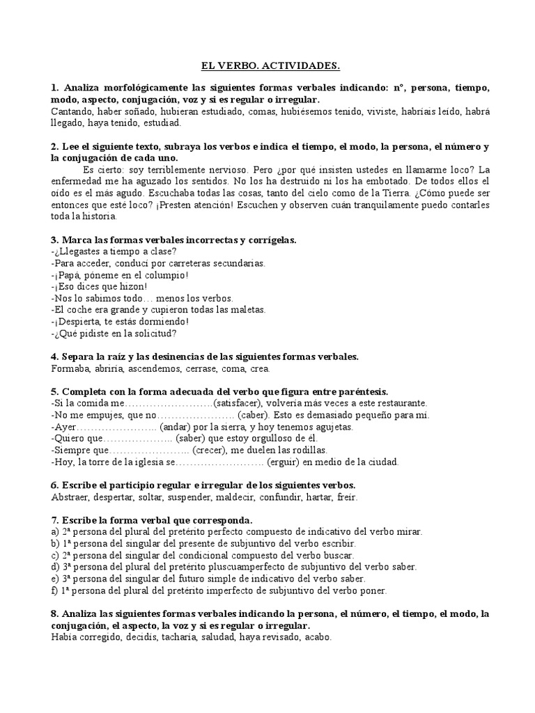 EL VERBO - Actividades | PDF | Verbo | Conjugación gramatical