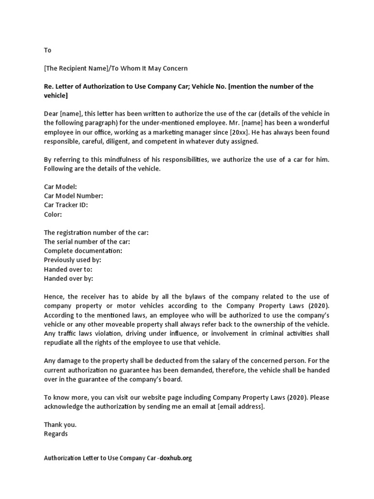 Authorization Letter To Use Company Car | PDF