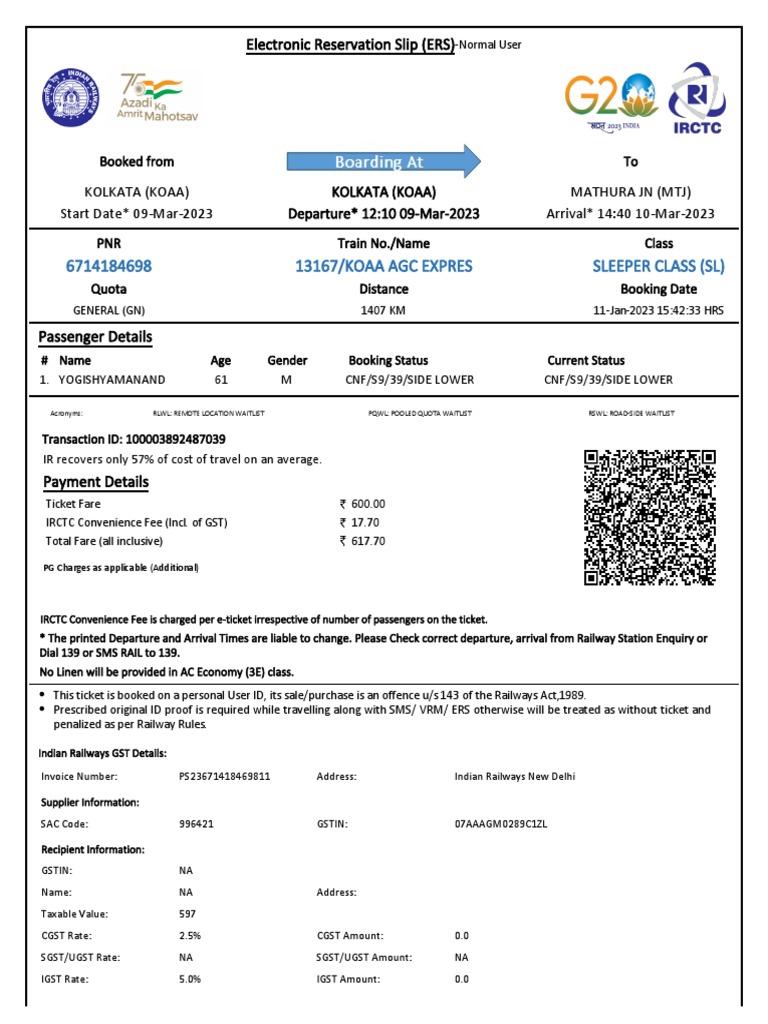 13167/koaa Agc Expres Sleeper Class (SL) | PDF | Identity Document