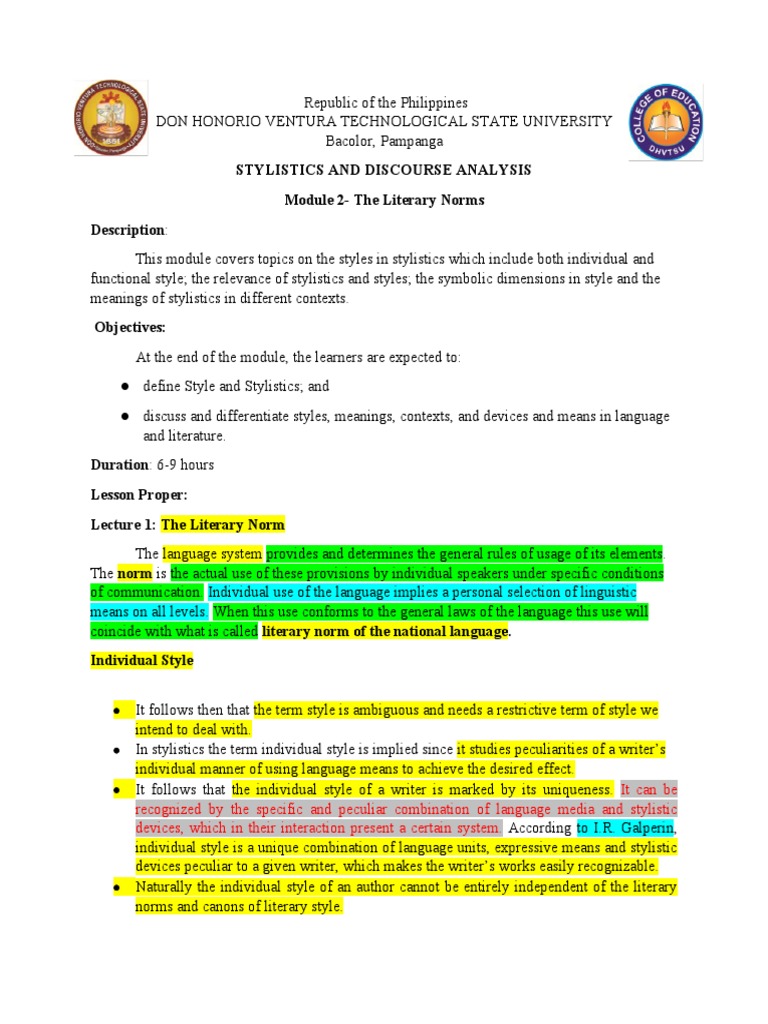 Exploring Stylistic Features, Literary Norms, and Functional Styles Through a Module on ...