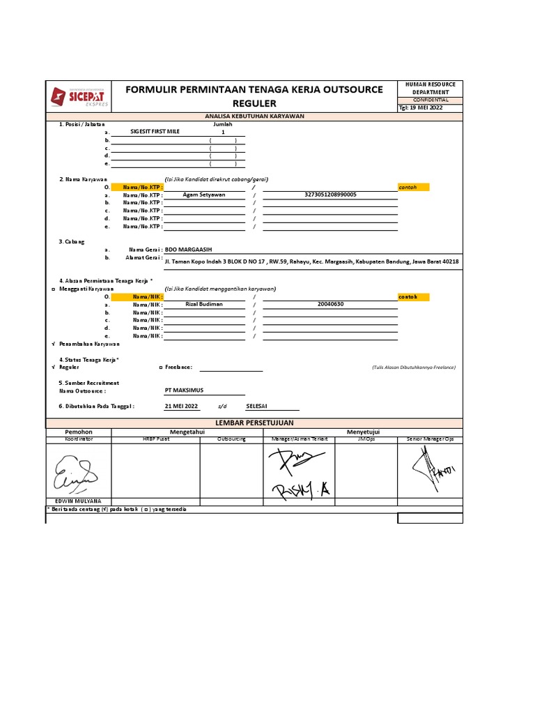 Form FPTK Req OS Reguler Bdo Margaasih. | PDF