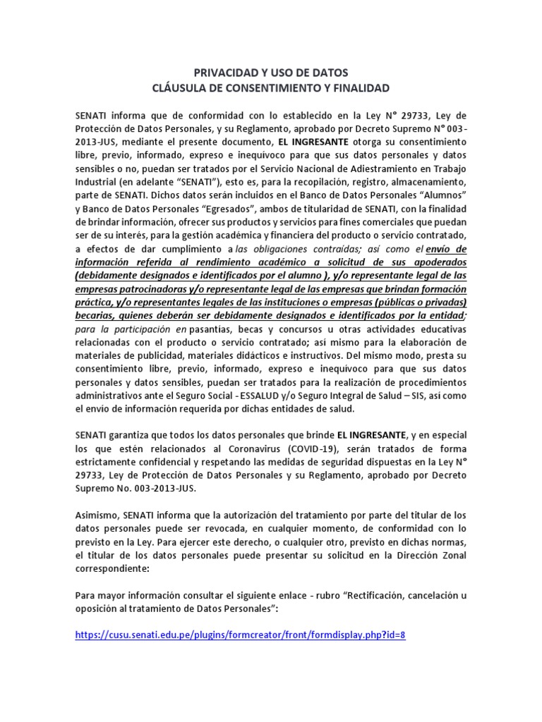 Clausula para El Tratamiento de Datos Personales Admision General PDF ...