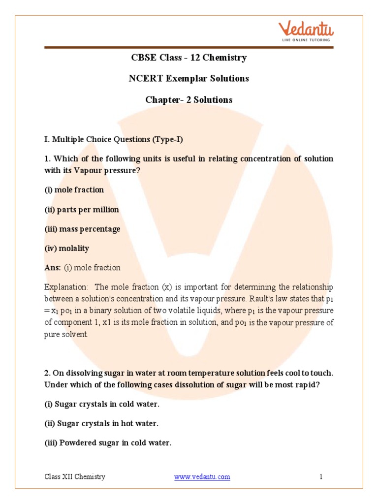 NCERT Exemplar For Class 12 Chemistry Chapter 2 | PDF | Osmosis ...