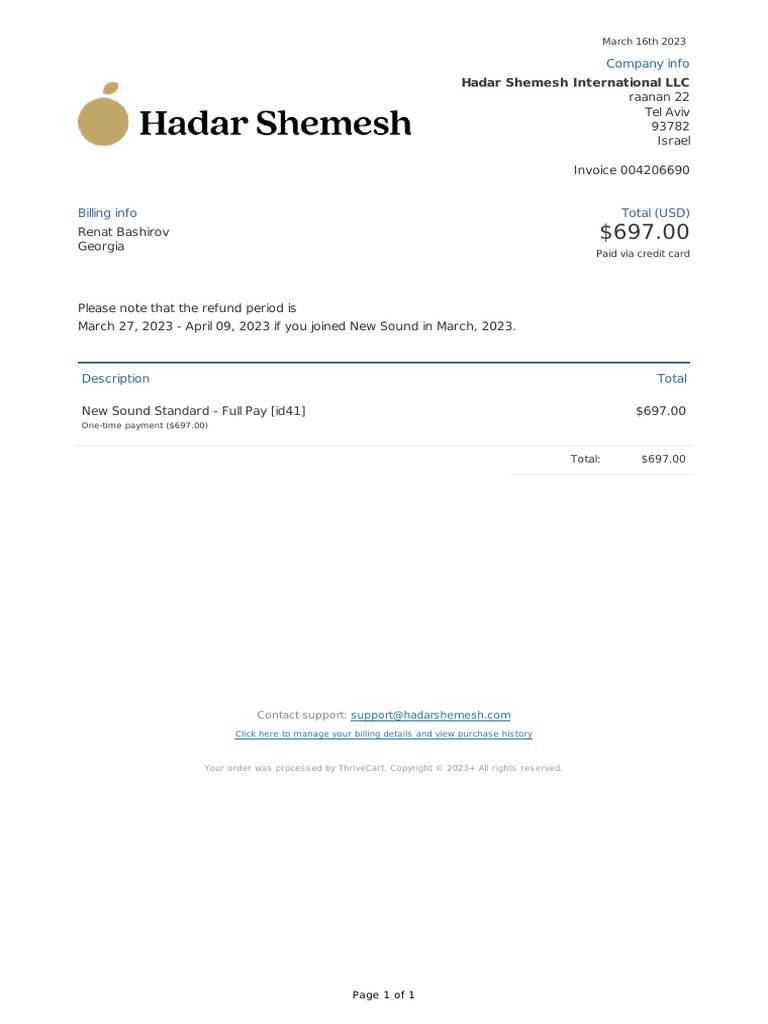 Hadar Shemesh International LLC - Invoice 004206690 PDF | PDF