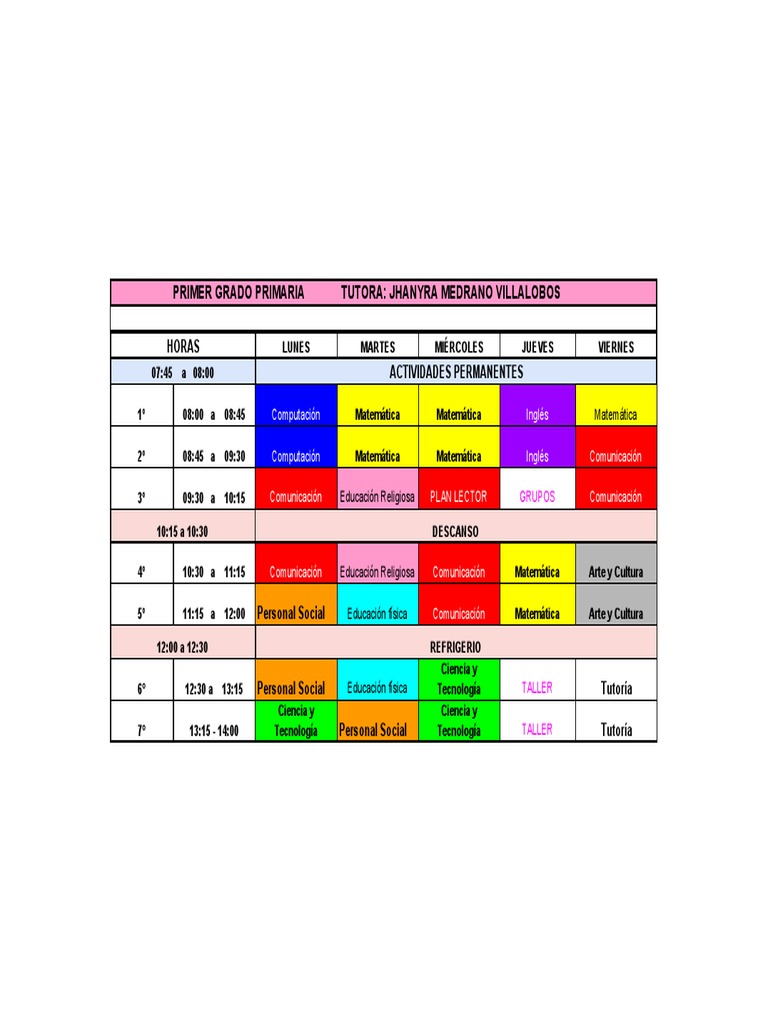 Horario Primer Grado Primaria 2024 | PDF