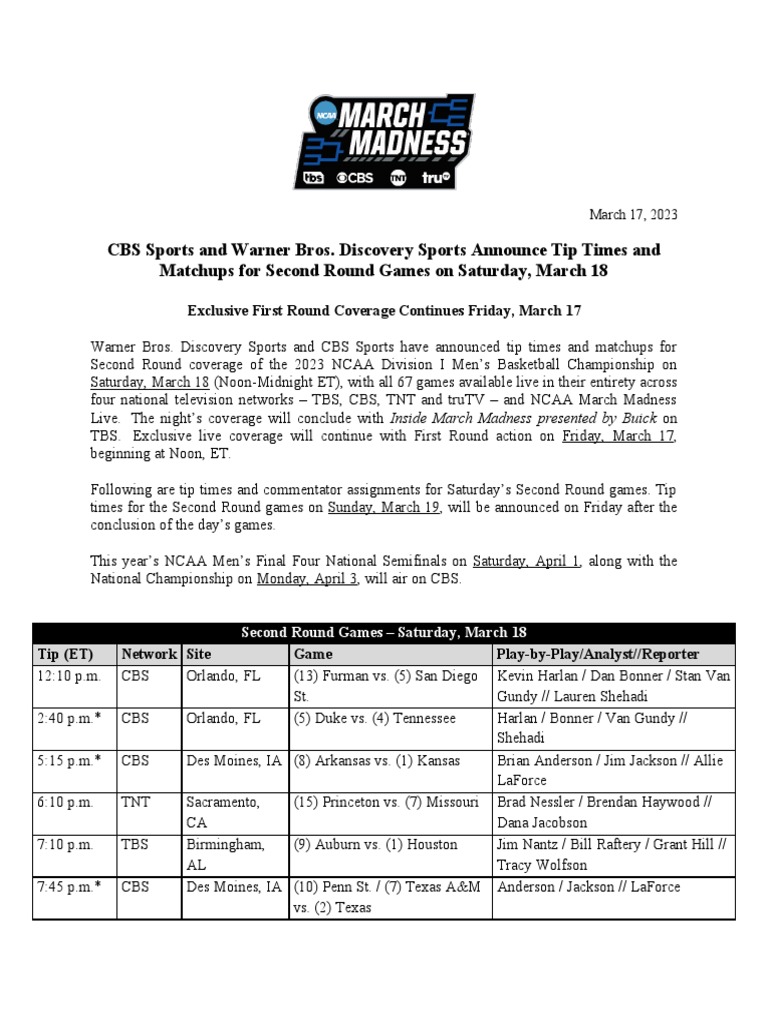 Tip Times and Matchups - Second Round Games - Sat, March 18 | PDF