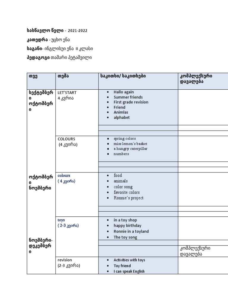 2 კლასი კურიკულუმი Pdf