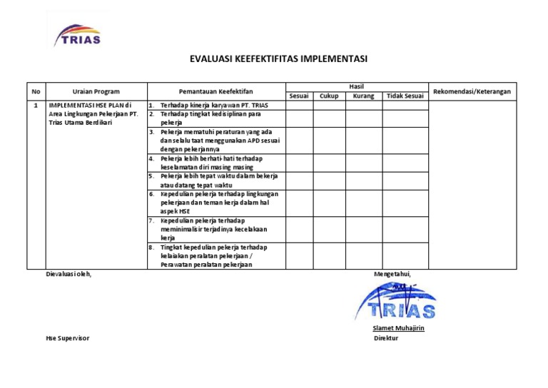 1.1a Form Evaluasi Efektifiktas Implementasi HSE Plan | PDF