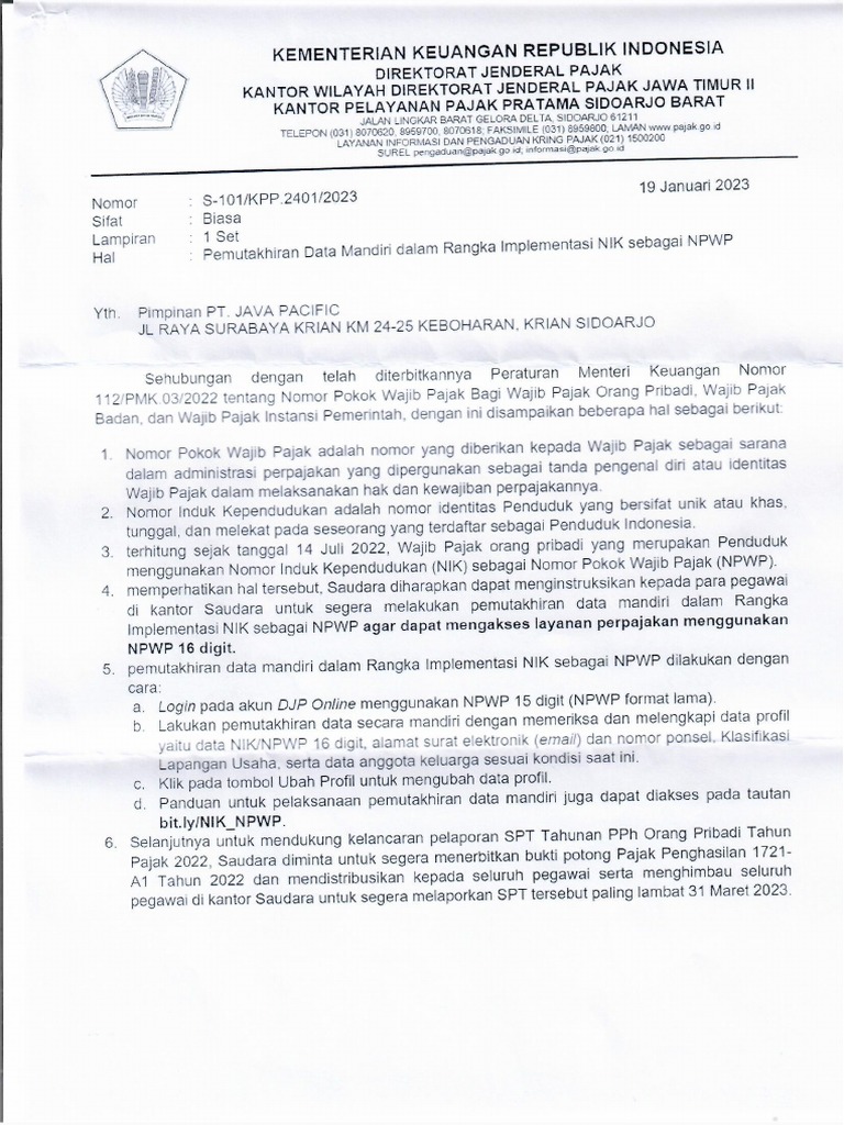 Pemutakhiran Data NIK Sebagai NPWP PDF | PDF