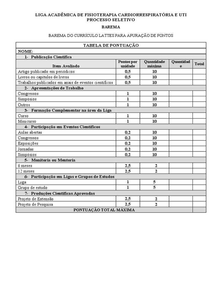 Barema para Apuração de Pontos | PDF