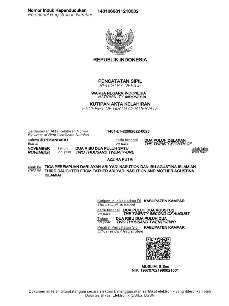 Akta Kelahiran Azzira Putri 2021 | PDF