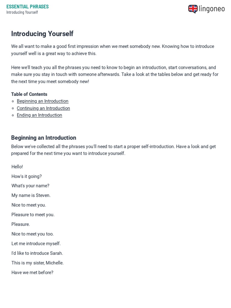 Introducing Yourself - Phrases Full Article | PDF | Question ...