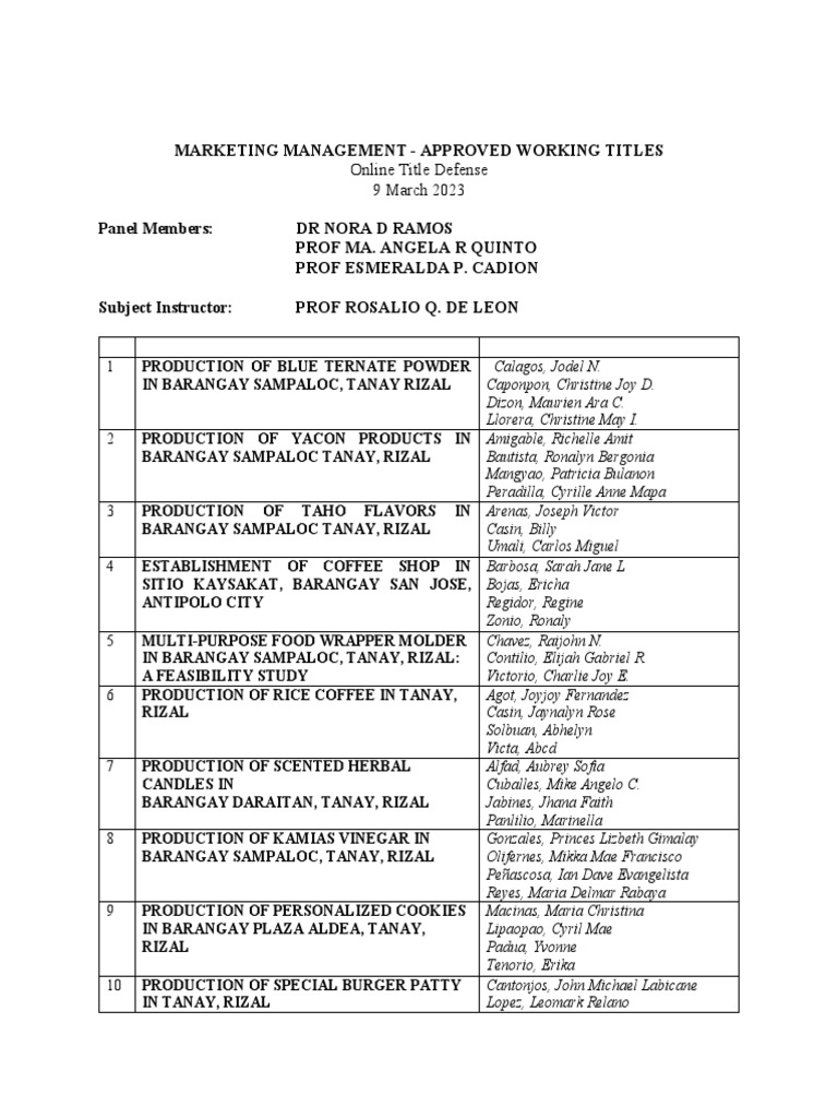 Marketing Management Approved Working Titles | PDF