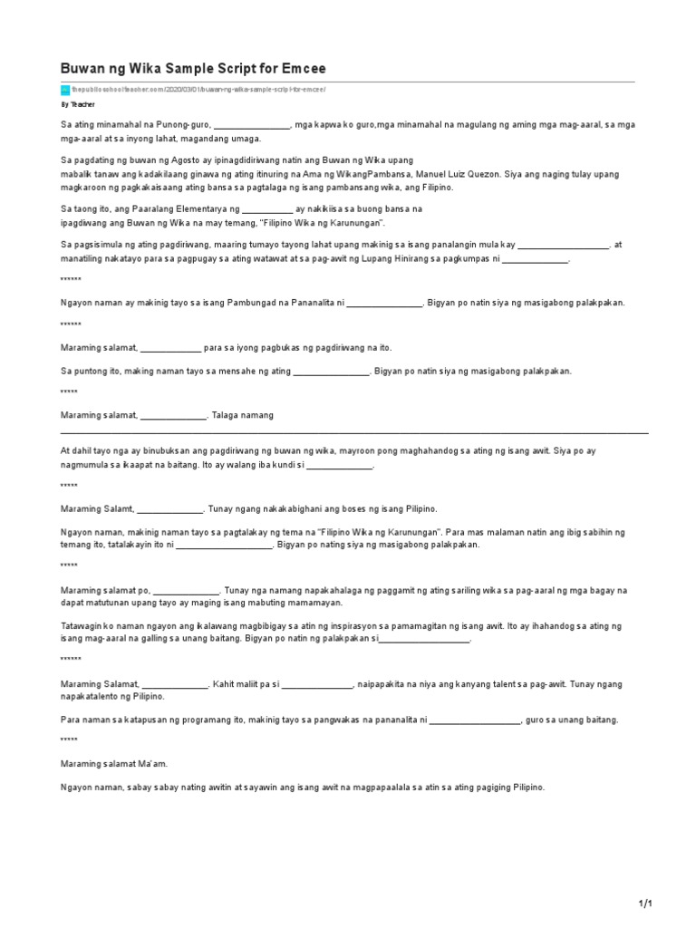 Buwan NG Wika Sample Script For Emcee PDF | PDF
