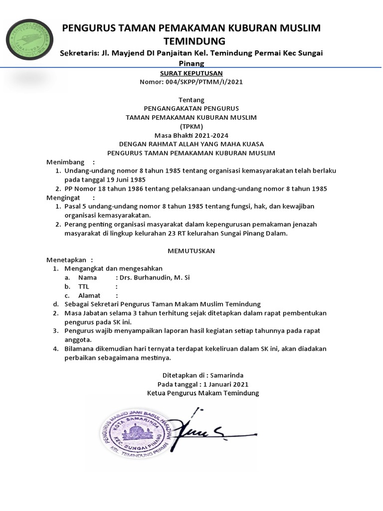 SK Pengurus Taman Pemakaman Temindung | PDF