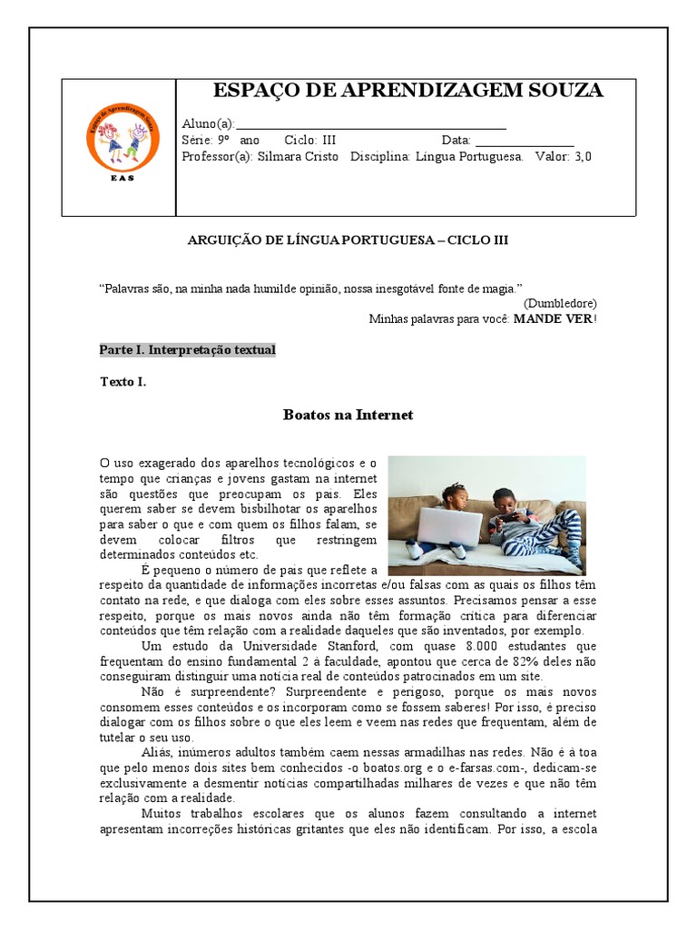 ARGUIÇÃO - 9º Ano | PDF | Internet | YouTube