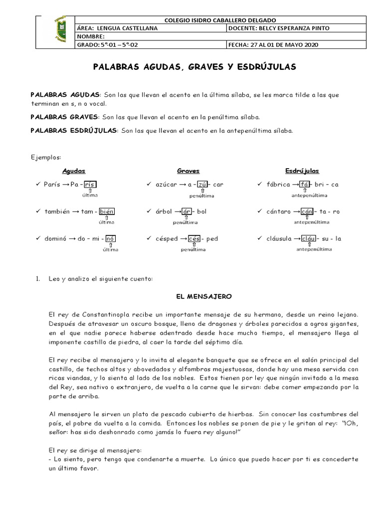 Clasificación de Palabras: Agudas, Graves, Esdrújulas | PDF