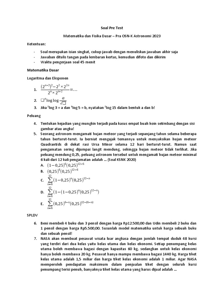 Soal Pre Test - Matematika Dasar Dan Fisika Dasar - Pra OSN-K Astronomi ...
