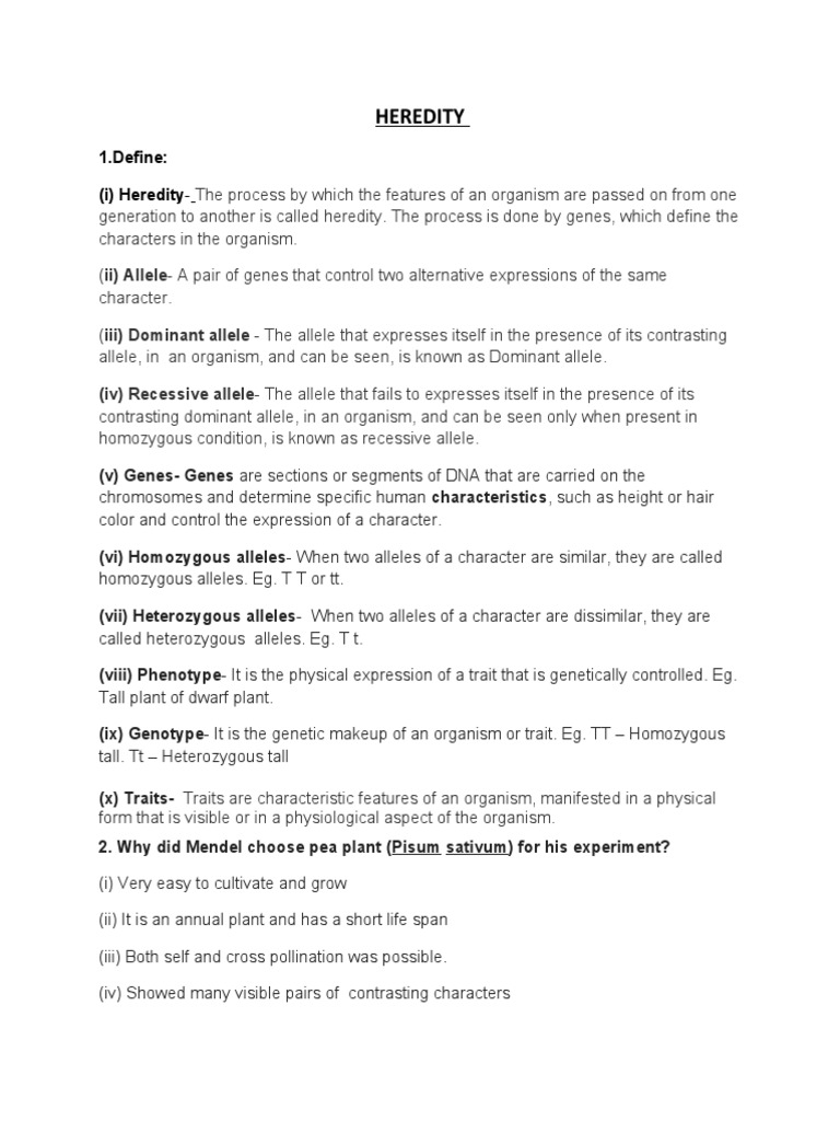 Class 10 Notes On Heredity | PDF | Allele | Dominance (Genetics)