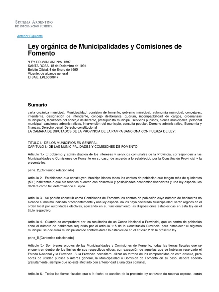 Ley Organica de Municipalidades y Comisiones de Fomento Ley 1597 | PDF ...