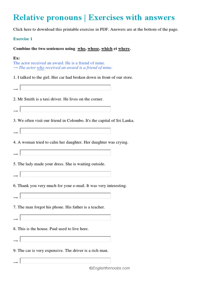 Relative Pronouns Exercises With Answers | PDF