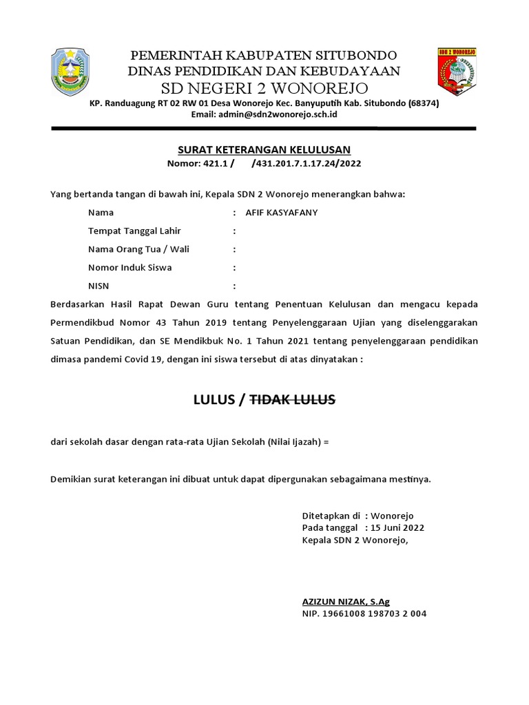 Surat Keterangan Lulus SD 2022 | PDF