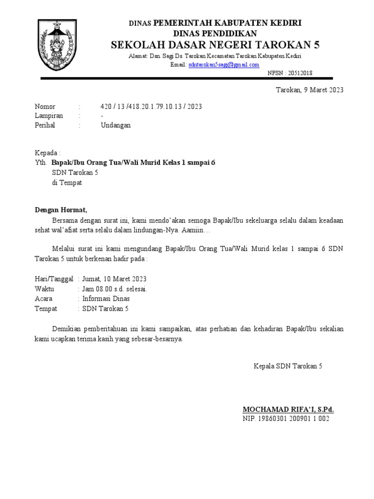 Contoh Surat Undangan Rapat Untuk Orang Tua Wali Murid | PDF