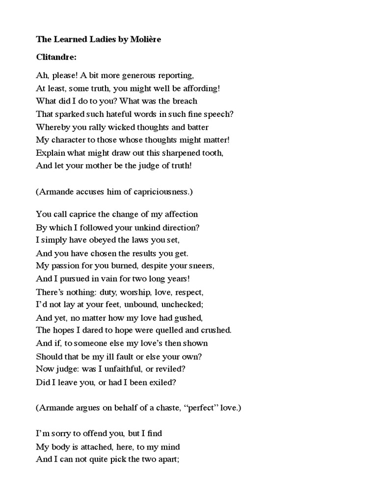 Clitandre Monologue - The Learned Ladies by Molière | PDF
