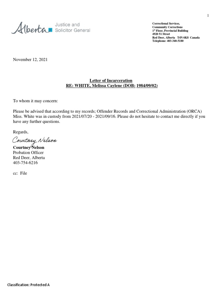 Incarceration Letter for Melissa White | PDF