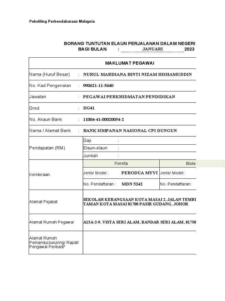 ELAUN PERJALANAN MARDIANA.xlsx | PDF