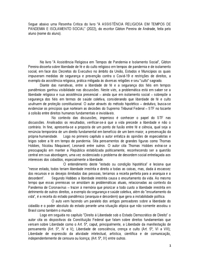 Segue Abaixo Uma Resenha Crítica Do Livro o "A ASSISTÊNCIA RELIGIOSA EM ...